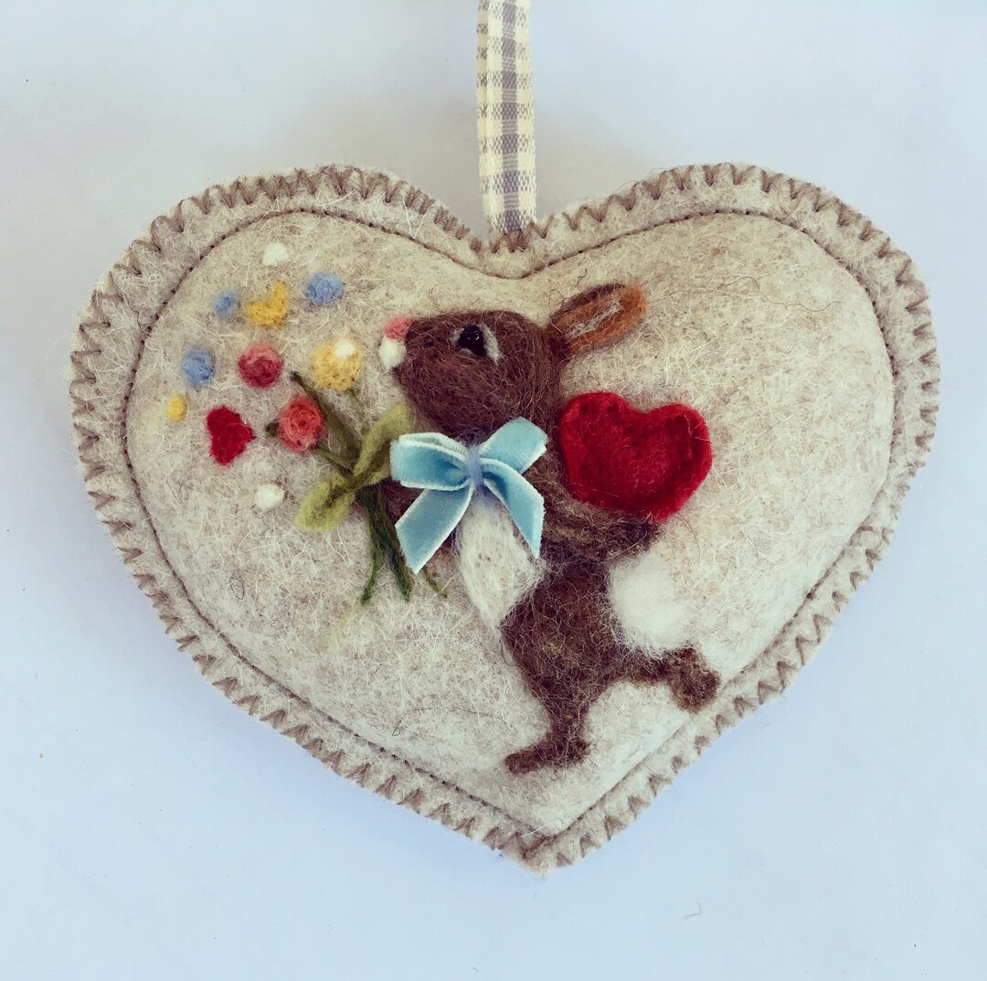 Handmade Felt Heart - Bunny Rabbit With Heart and Felt Flowers. Can Be ...