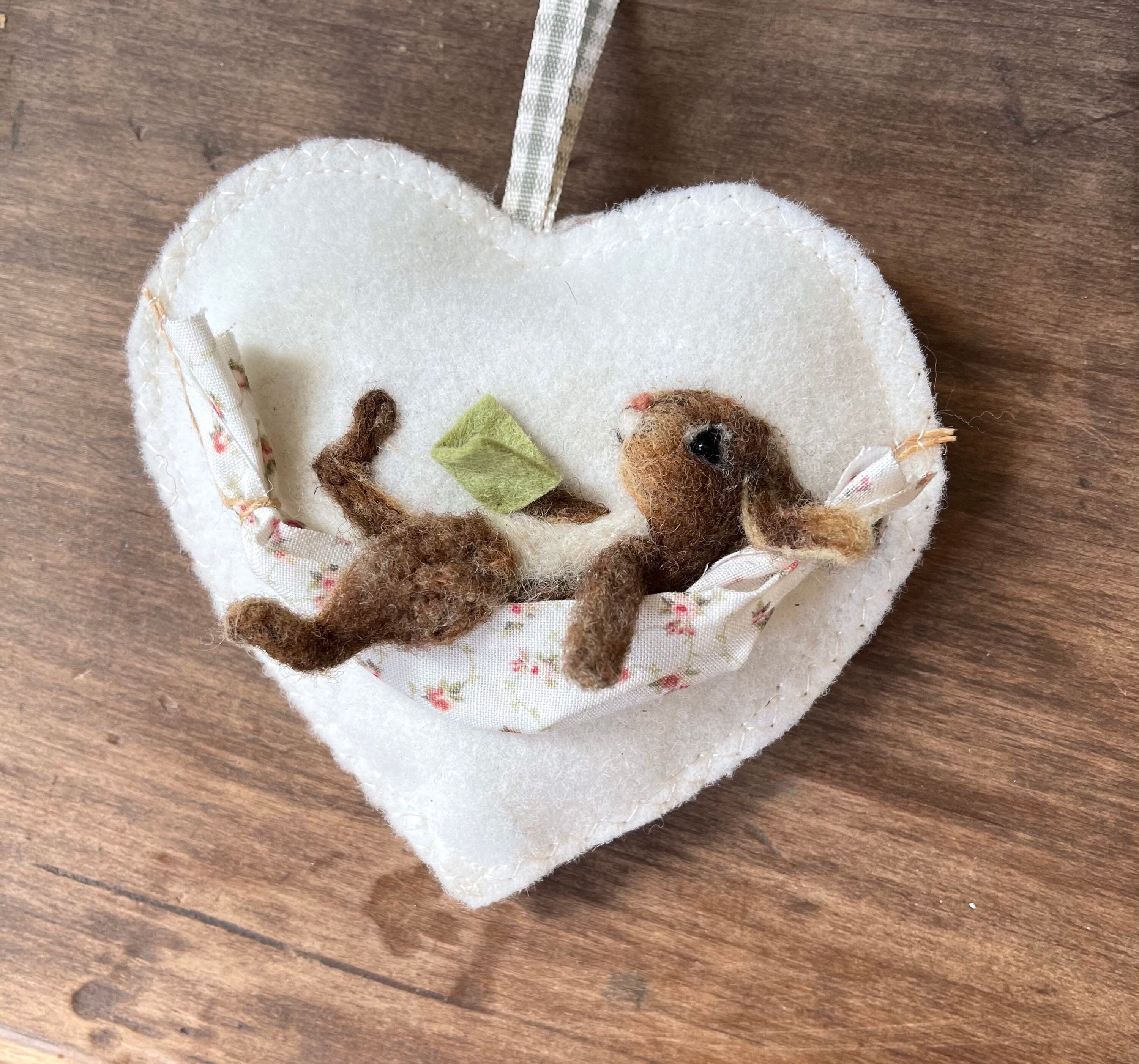 Felt Heart Rabbit Relaxing in a Hammock, Hanging Decoration for a Loved ...