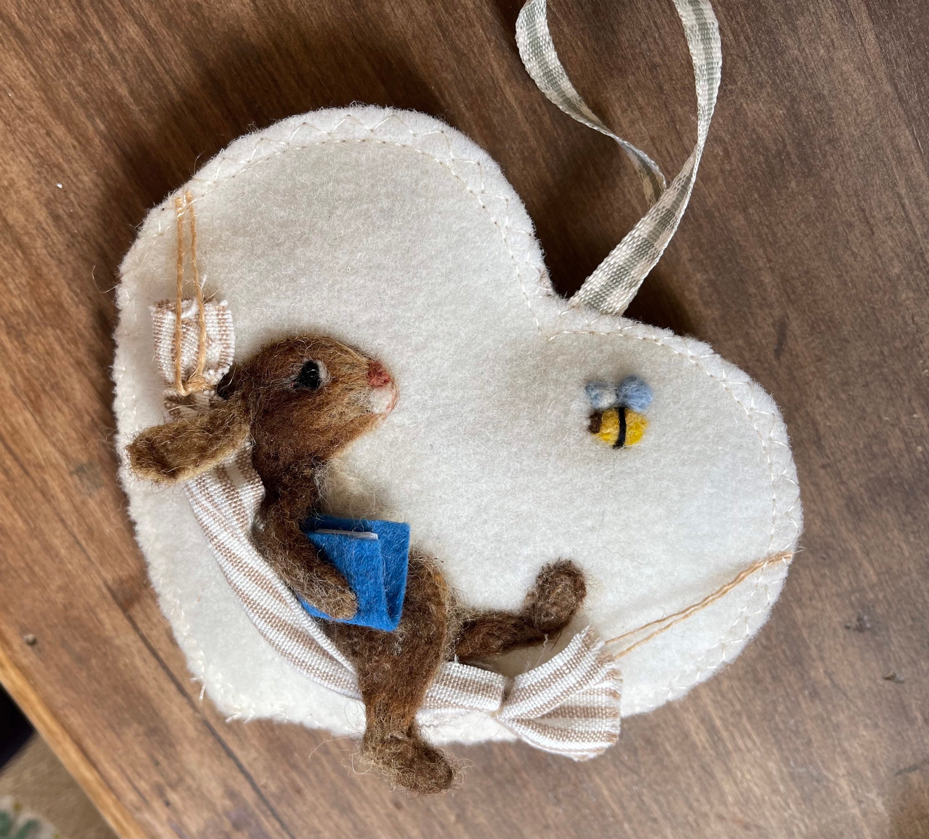 Felt Heart Rabbit Relaxing in a Hammock, Hanging Decoration for a Loved ...