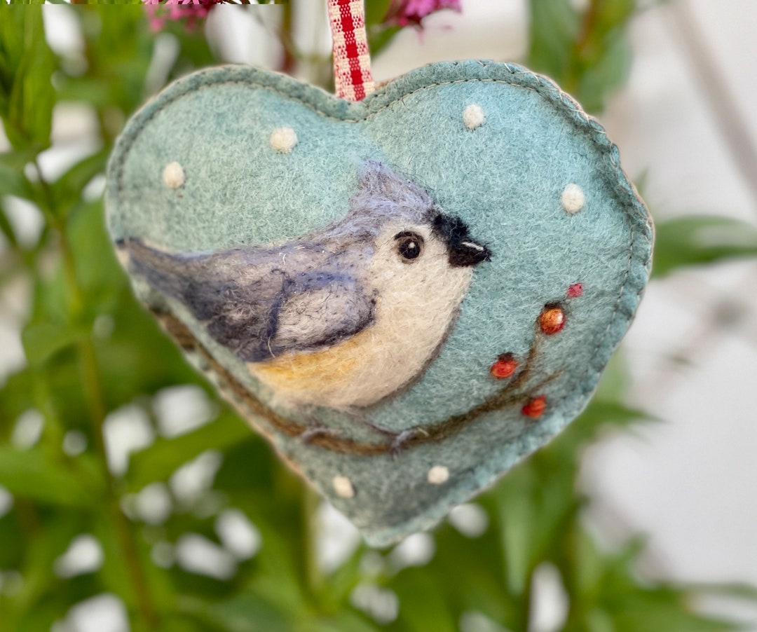 Tufted Titmouse in the Snow Needle Felted Heart or Roundel - Custom ...