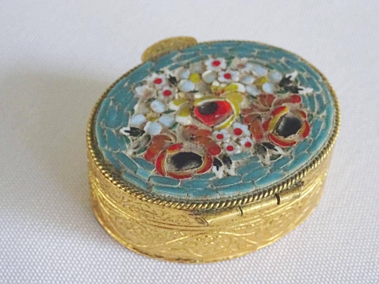 Vintage Micro Mosaic Box 1950s Floral Pill Trinket Pot Gilt Metal ...