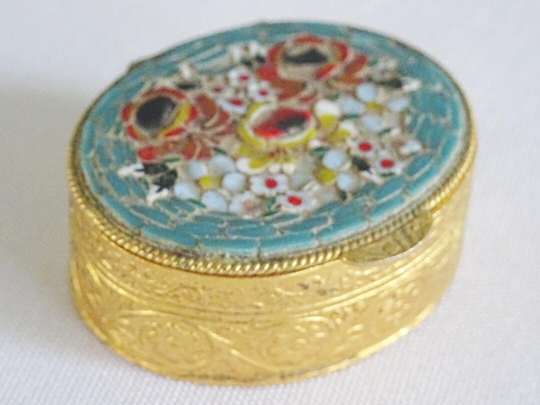Vintage Micro Mosaic Box 1950s Floral Pill Trinket Pot Gilt Metal ...