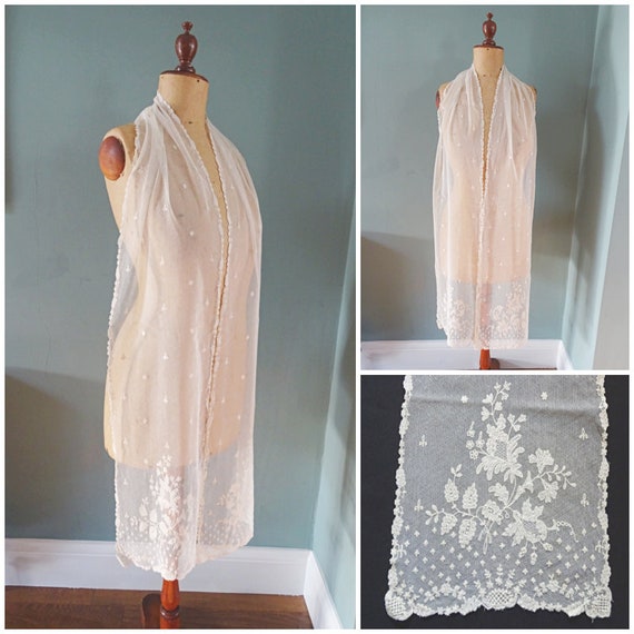 Antique Lace Stole Shawl Victorian Irish Tambour Embr… - Gem
