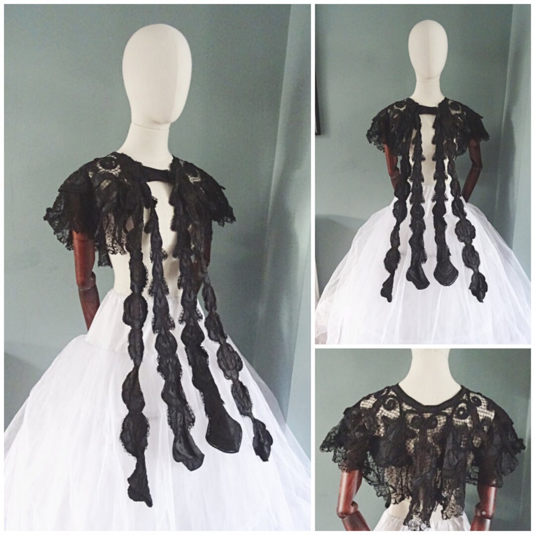 Antique Victorian Cape Pelerine Black Satin Lace Braid Mourning Ladies ...