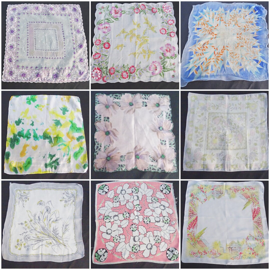 Vintage Handkerchief Hanky 1930s 1950s Printed Floral Brightly Coloured ...