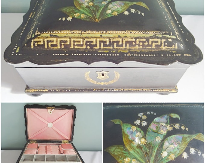 Antique Sewing Box Victorian Papier Mache Inlaid Fitted Interior ...