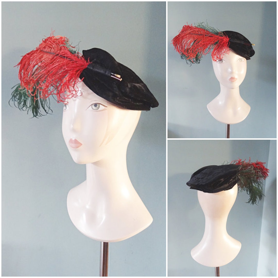 Vintage 1930s Hat Tudor Cap Ladies Black Velvet Green Orange Ostrich ...