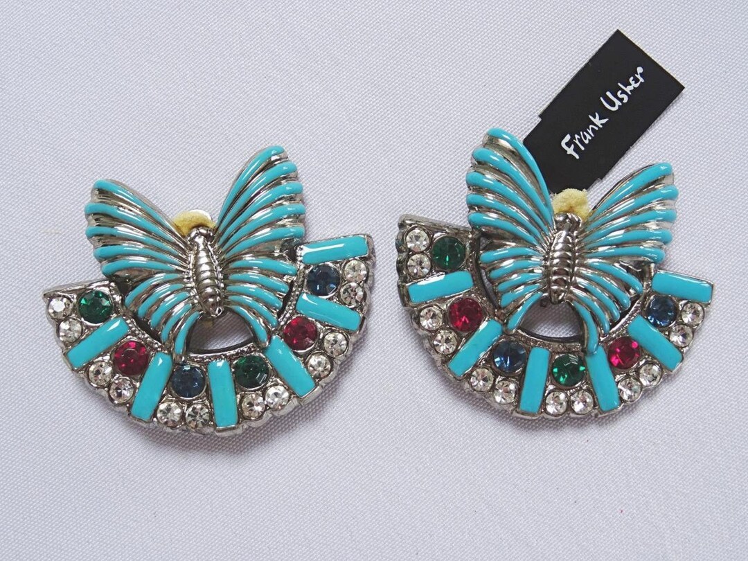 Vintage Frank Usher Earrings 1990s Butterfly Crystal Enamel Ladies ...