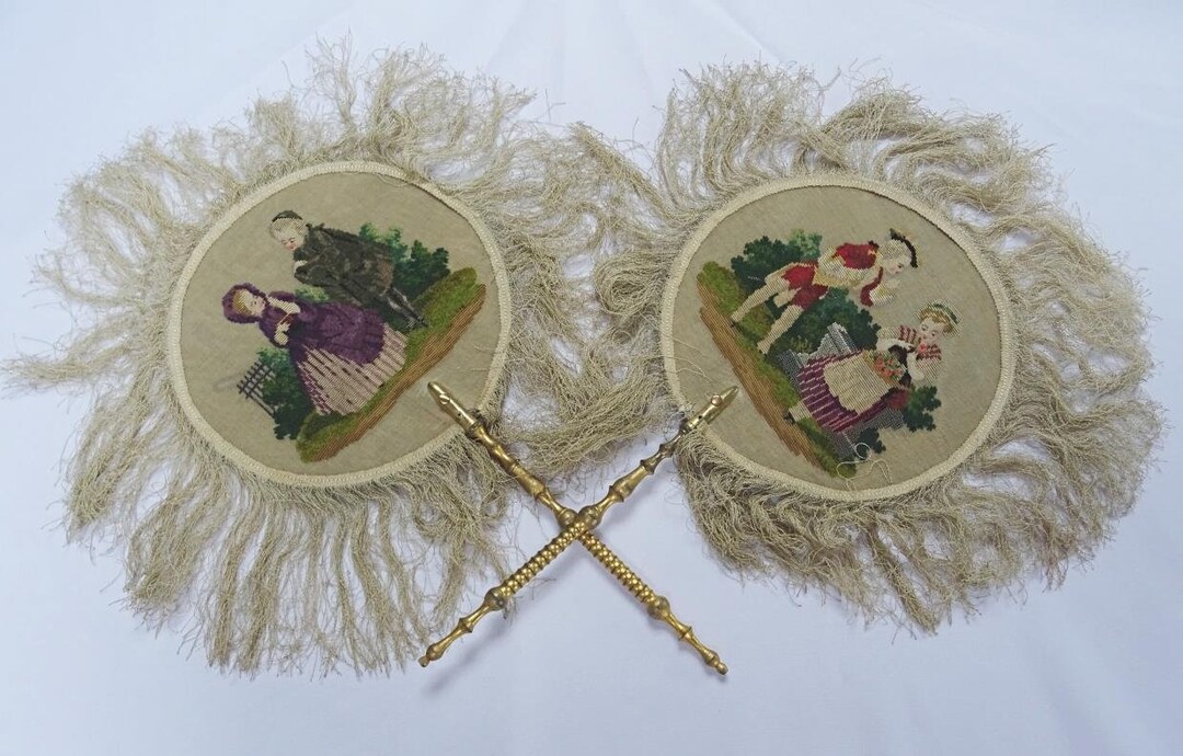 Antique Face Screens Victorian Fan Embroidered Beadwork Pair Lovers ...