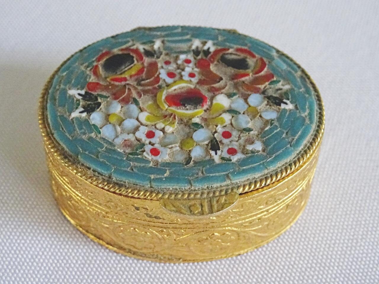 Vintage Micro Mosaic Box 1950s Floral Pill Trinket Pot Gilt Metal ...