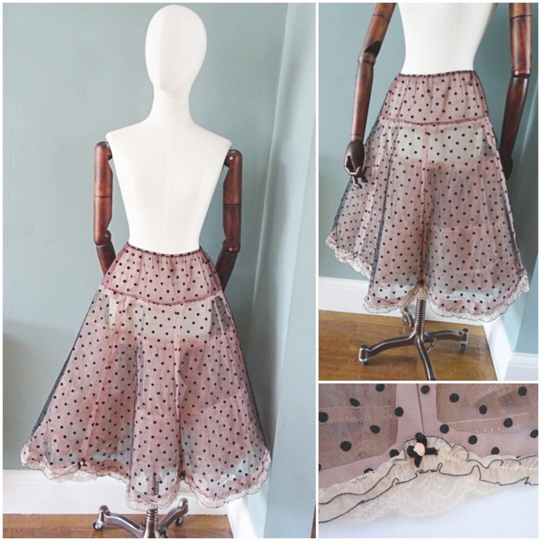 Vintage Net Petticoat 1950s Pale Pink Black Flock Nylon Lace Frill ...