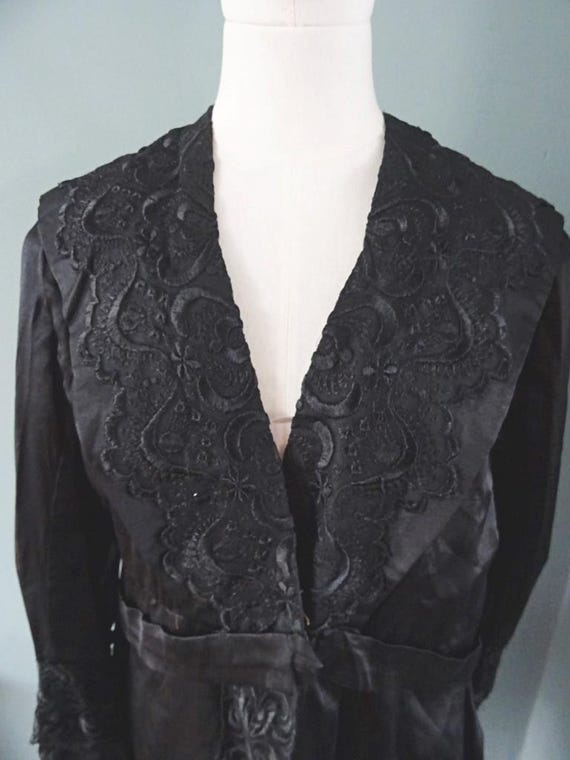 Antique Edwardian Jacket Coat Black Satin Lace Embroi… - Gem