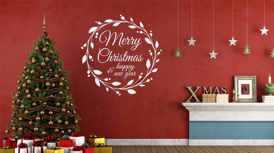 Merry Christmas Wreath Decal | Happy New Year Wall Decal | New Year ...