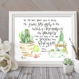 Strength for the Weary, Succulent and Cactus Bible Verse Watercolor ...