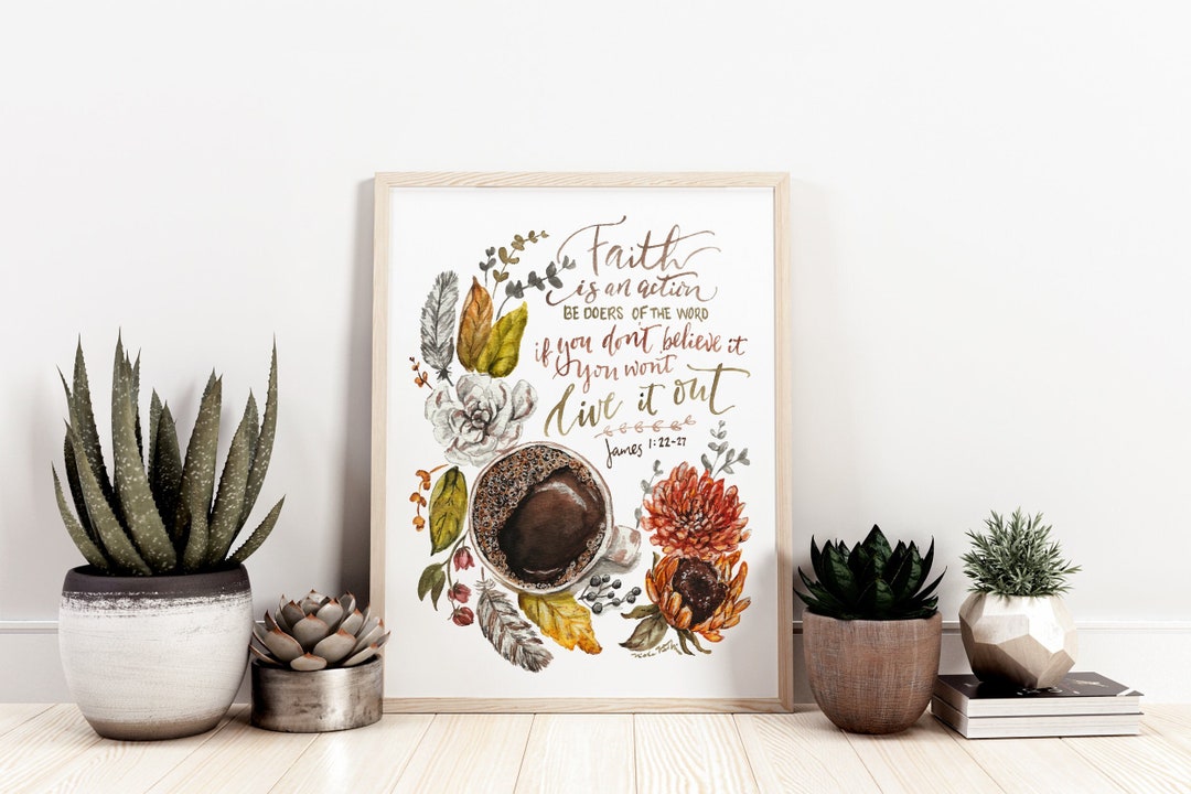Fall Faith Quote Christian Wall Art, Coffee and Fall Flowers ...
