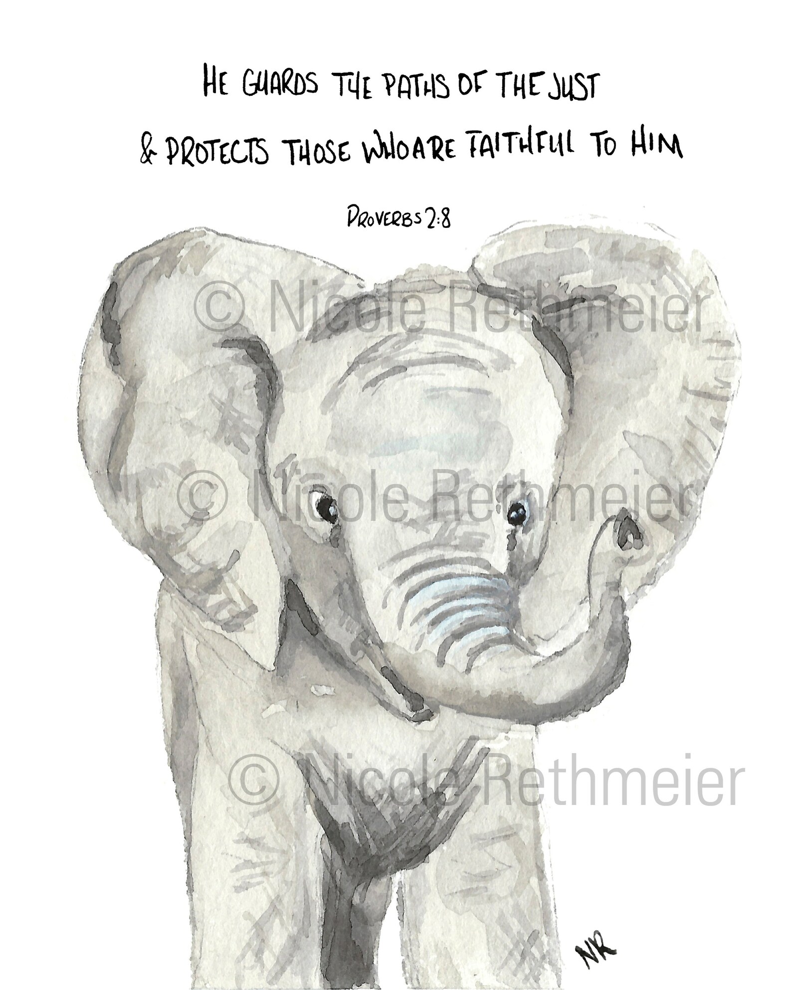 Elephant Bible Verse Watercolor Handlettering Print - Proverbs 2:8 | He ...