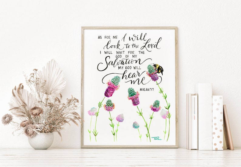 Floral Verse Wall Art, Micah 7:7 Wildflower Scripture Watercolor Print ...