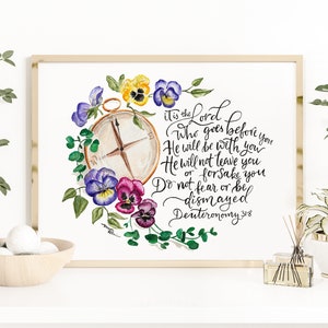 Pansies and Compass Scripture Verse Watercolor Print - Deuteronomy 31:8 ...