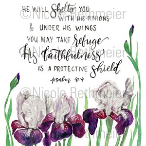 Psalm 91 Watercolor, Cover You With His Feathers, Purple Iris Bible ...