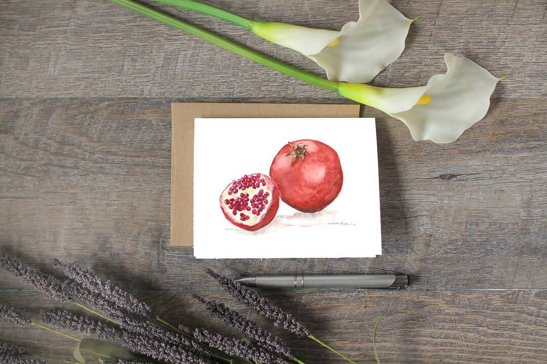Pomegranate Watercolor Card, Blank Note Card Inside With Envelope - Etsy