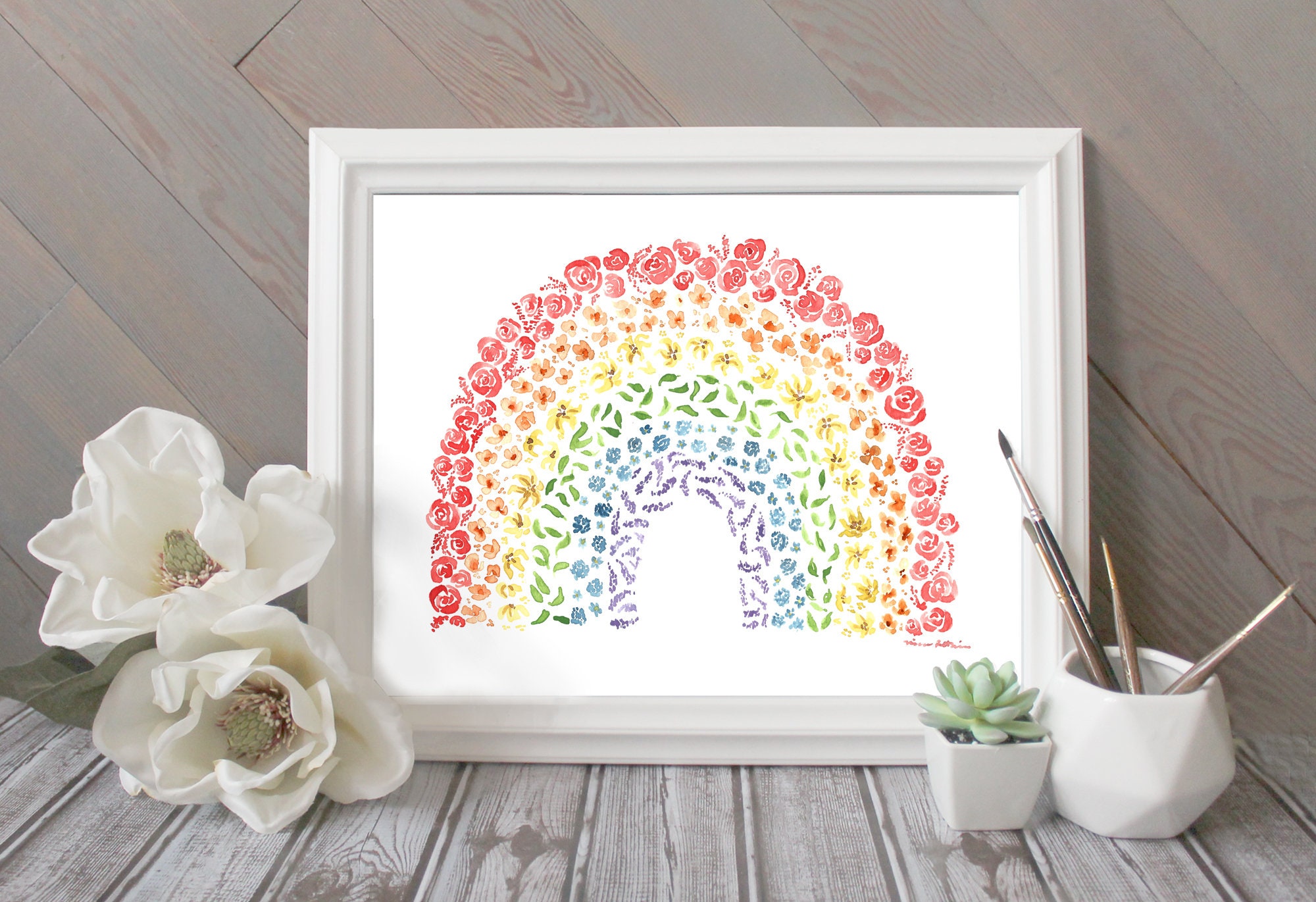 Floral Rainbow Watercolor Print, Flower Rainbow Art, Nursery Rainbow ...