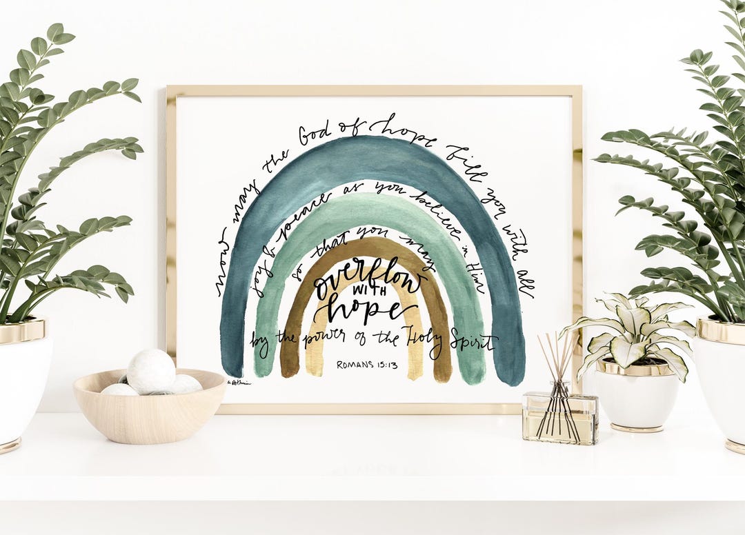 Rainbow Bible Verse Watercolor Print, Romans 15:13 Blue Boho Rainbow - Etsy