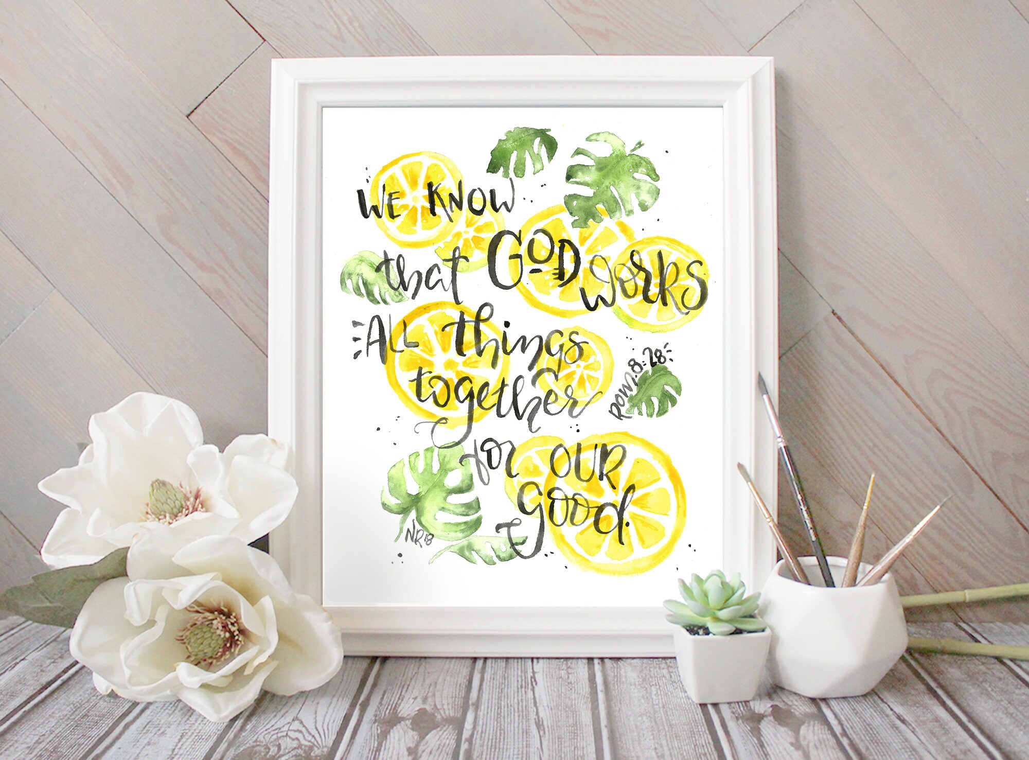 Lemons Scripture Verse watercolor print Romans 8:28 | Etsy