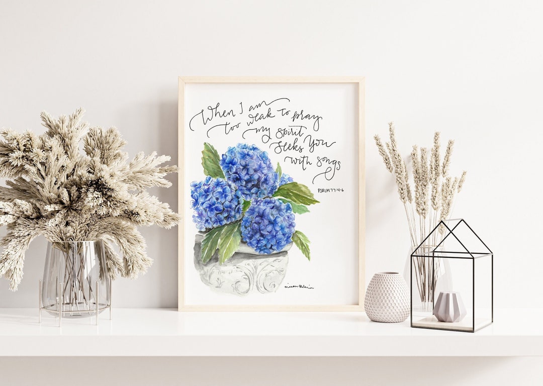 Watercolor Blue Hydrangea Scripture Verse Art - Psalm 77:4-6, Bible ...