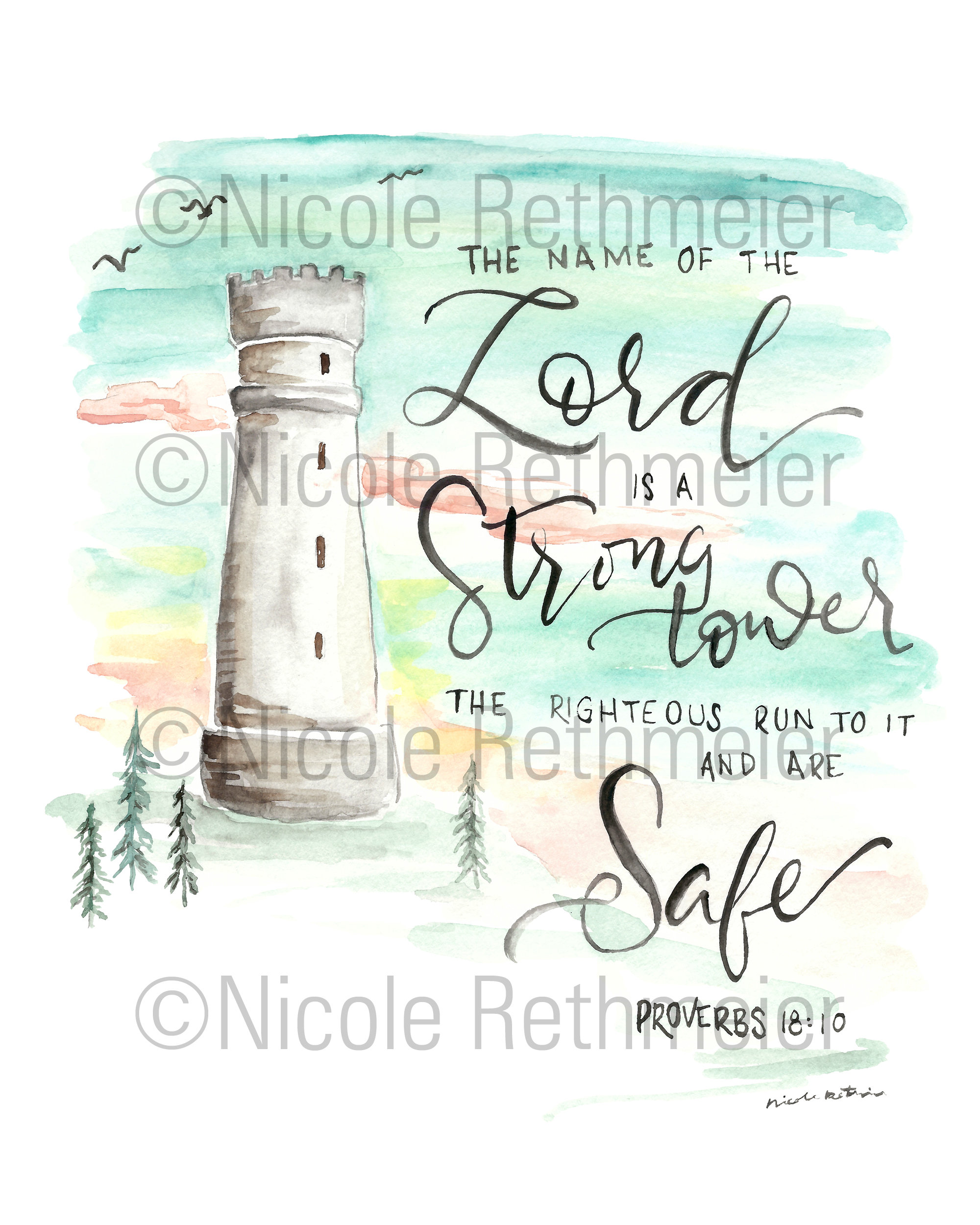 Tower Scripture Verse Watercolor Print - Proverbs 18:10, Calligraphy ...