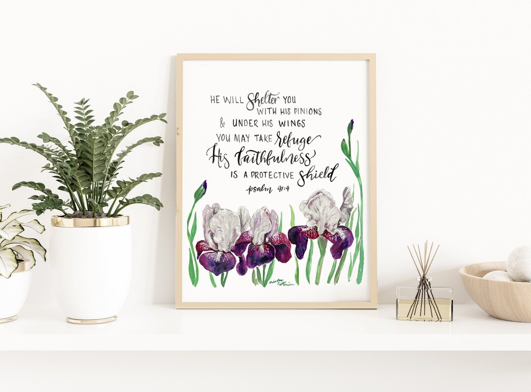 Psalm 91 Watercolor, Cover You With His Feathers, Purple Iris Bible ...