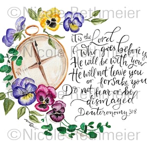 Pansies and Compass Scripture Verse Watercolor Print - Deuteronomy 31:8 ...