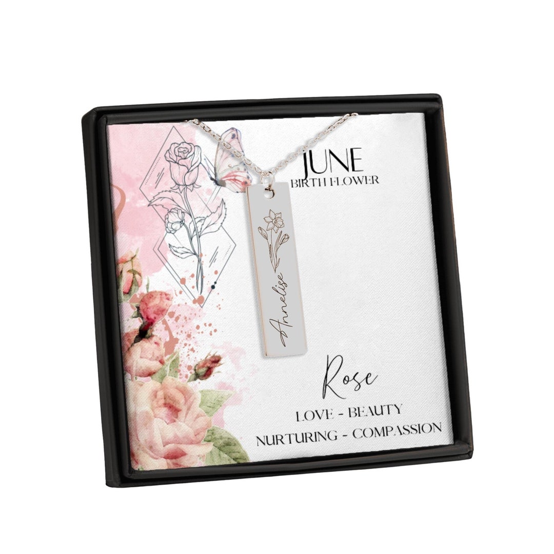 June Birth Month Flower Engraved Jewelry | Custom Birth Flower Necklace ...