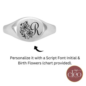 Personalized Birth Flower Signet Ring Custom Birth Month Flower Initial ...