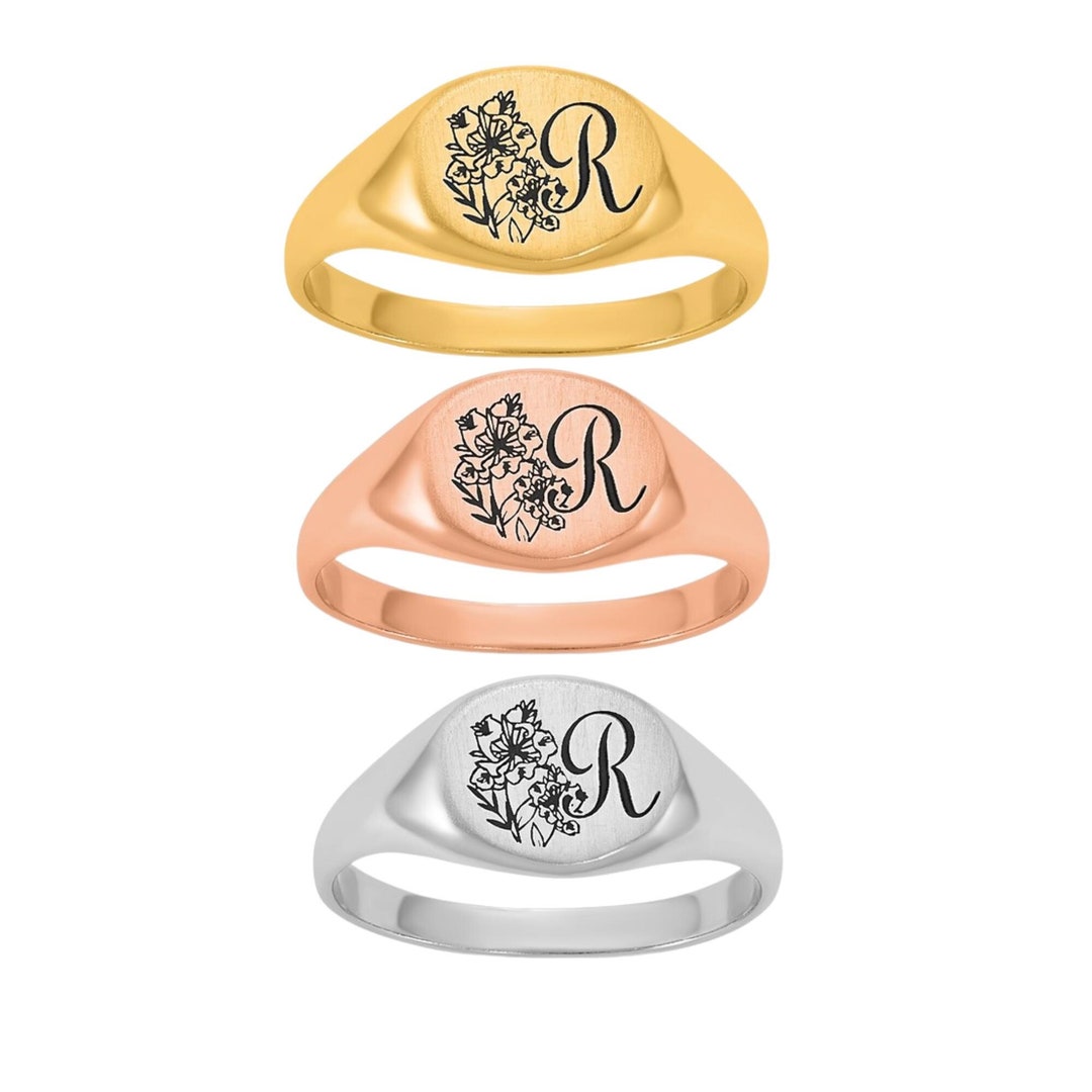 Personalized Birth Flower Signet Ring Custom Birth Month Flower Initial ...