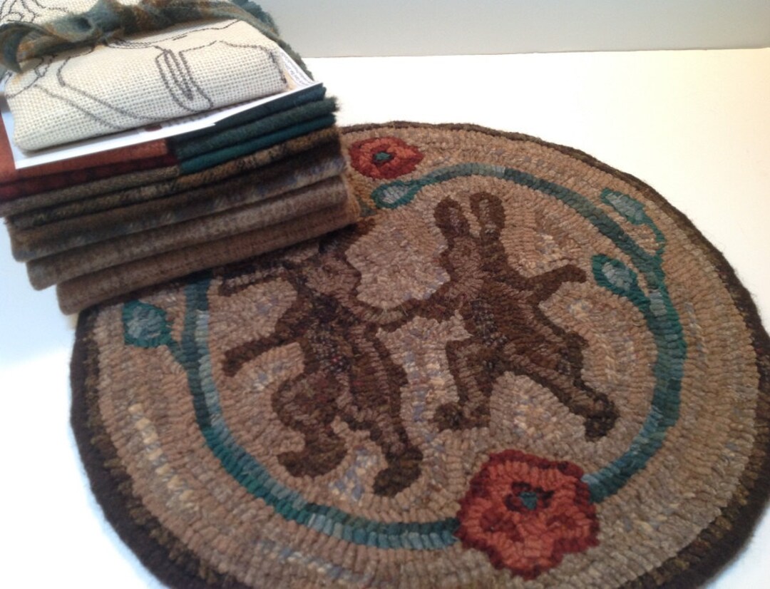Dancing Rabbits, Primitive Rug Hooking Kit for 14 " Round Chair Pad ...