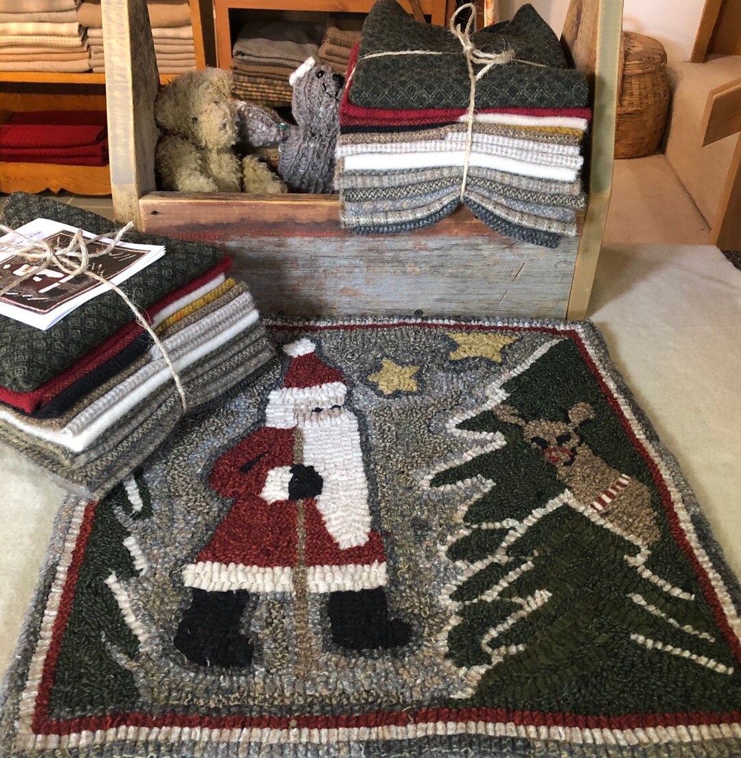 Santa Hiker, Rug Hooking Kit for 15" X 15" Primitive Santa Rug, Hooked ...