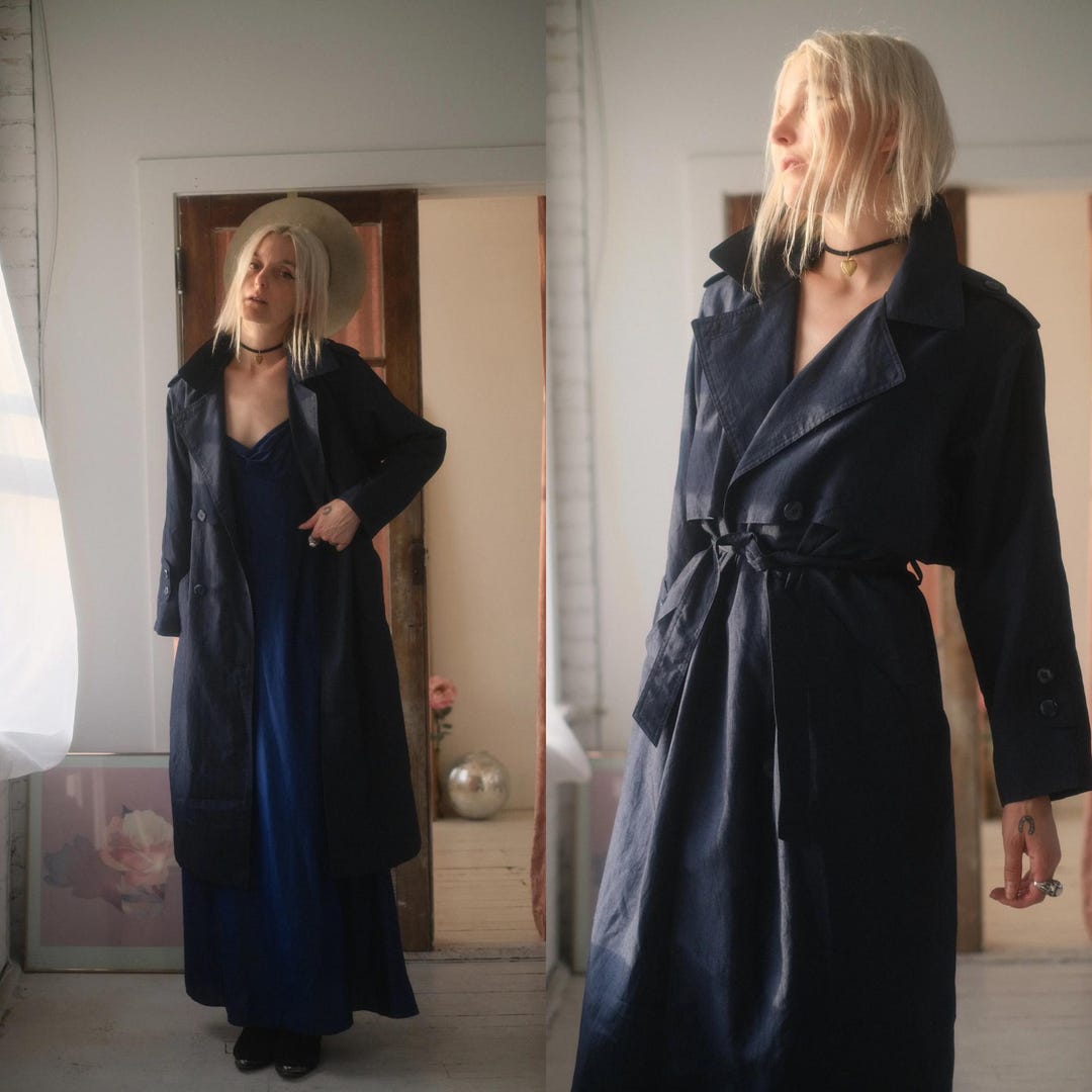 1980s Easy Trench // Vintage 1990s Minimalist Long Flowing Navy Button ...