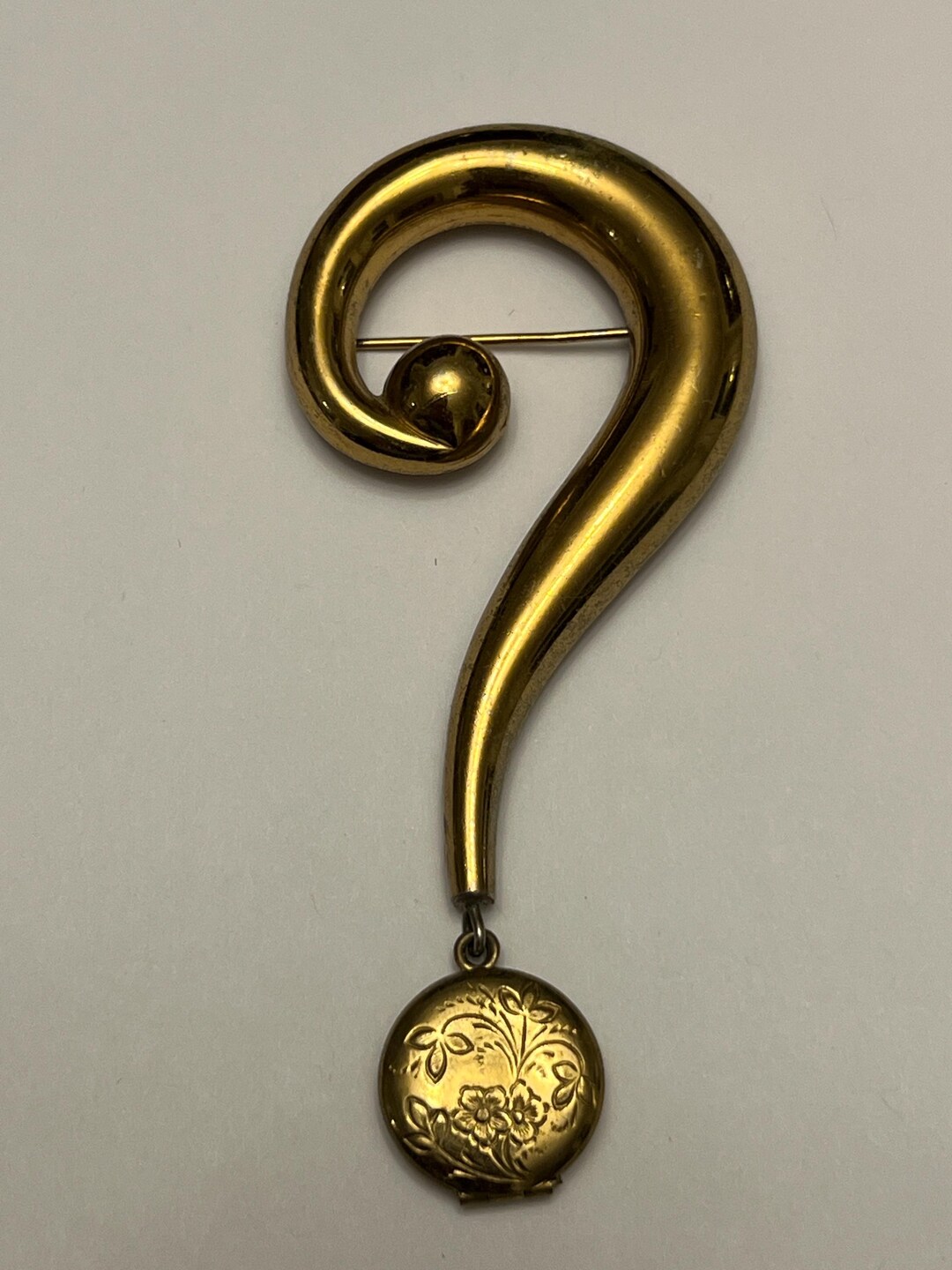 Gold Locket Brooch Question Mark Floral Engraved Romantic Unique Large ...