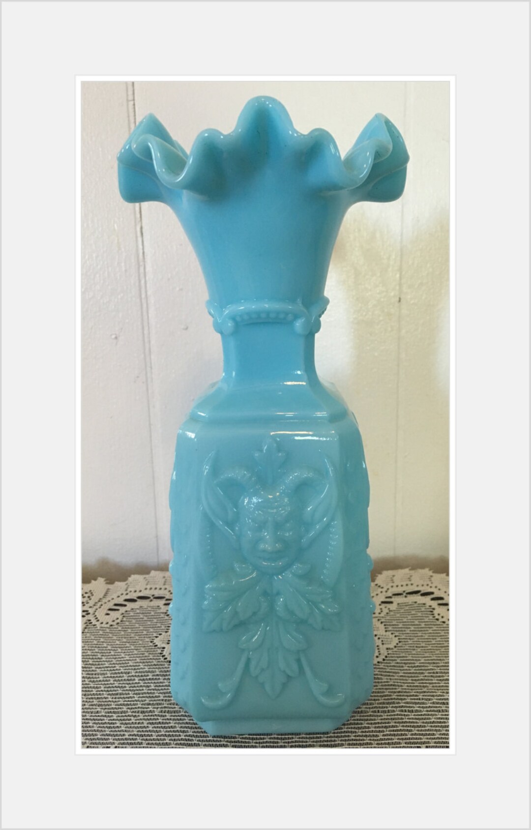 Portieux Blue Glass Vase - Milk Glass - Faun and Roses - Drama Masque - Depose - Vallerysthal ...