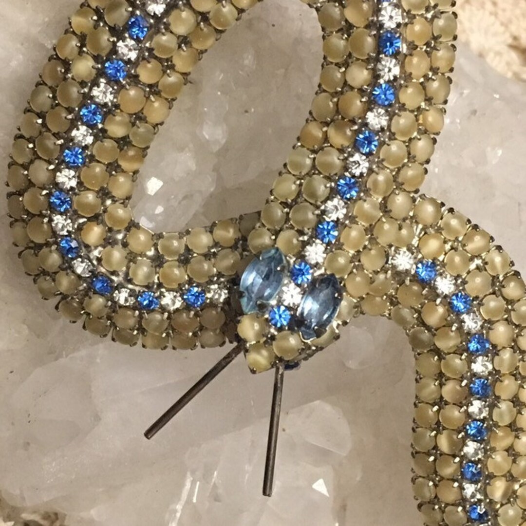 Snake Brooch Serpent Slug Moonstone Rhinestones Large Glamorous Vintage ...