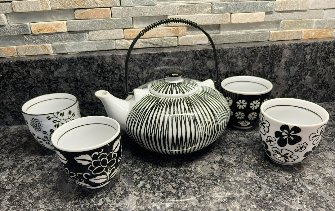 Pier One Tea Set - Teapot - Cups - Black - White - Floral - Geometric ...