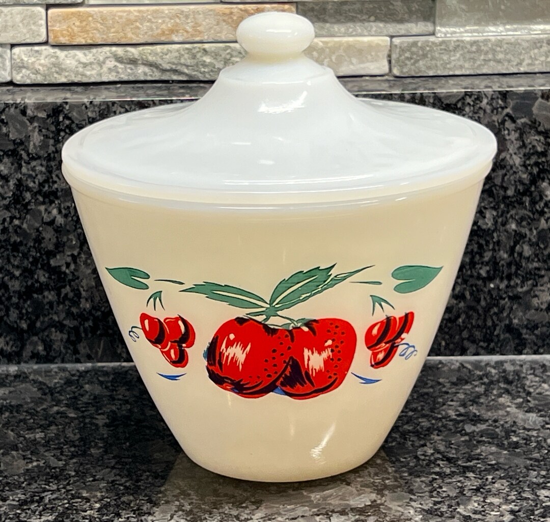 Fire King Grease Jar - Apples - Red - White - Fruit - Rare Milk Glass ...