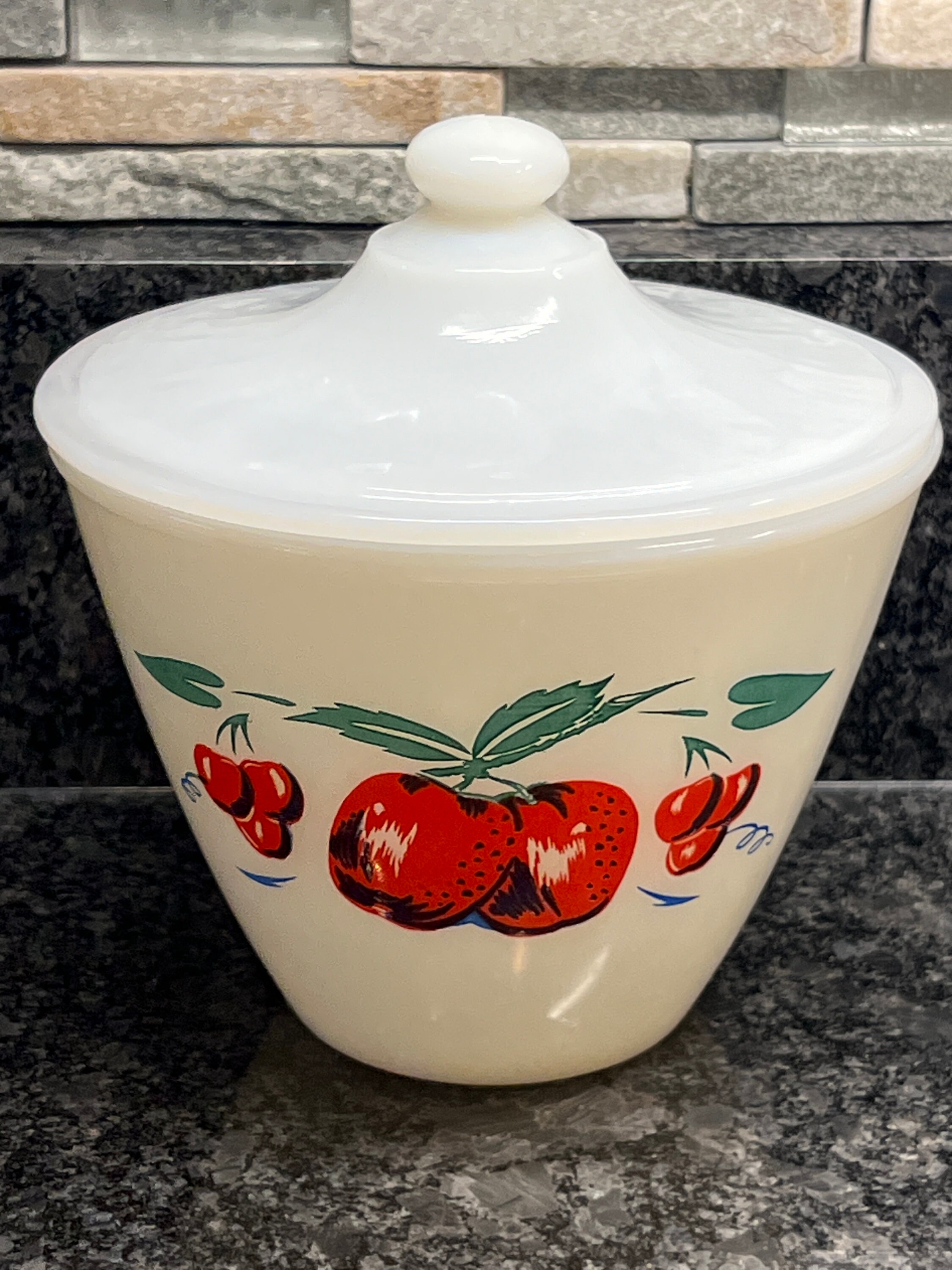 Fire King Grease Jar - Apples - Red - White - Fruit - Rare Milk Glass ...