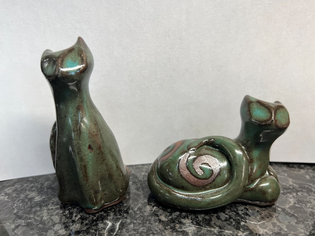 Studio Pottery Cat Figurines - Pair - Signed - Sonya - Spiral - Swirl ...