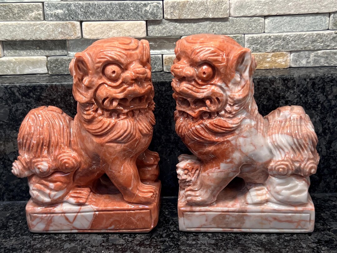 Foo Dog Statues - Bookends - Pair - Stone - Glass - Heavy - Rare ...