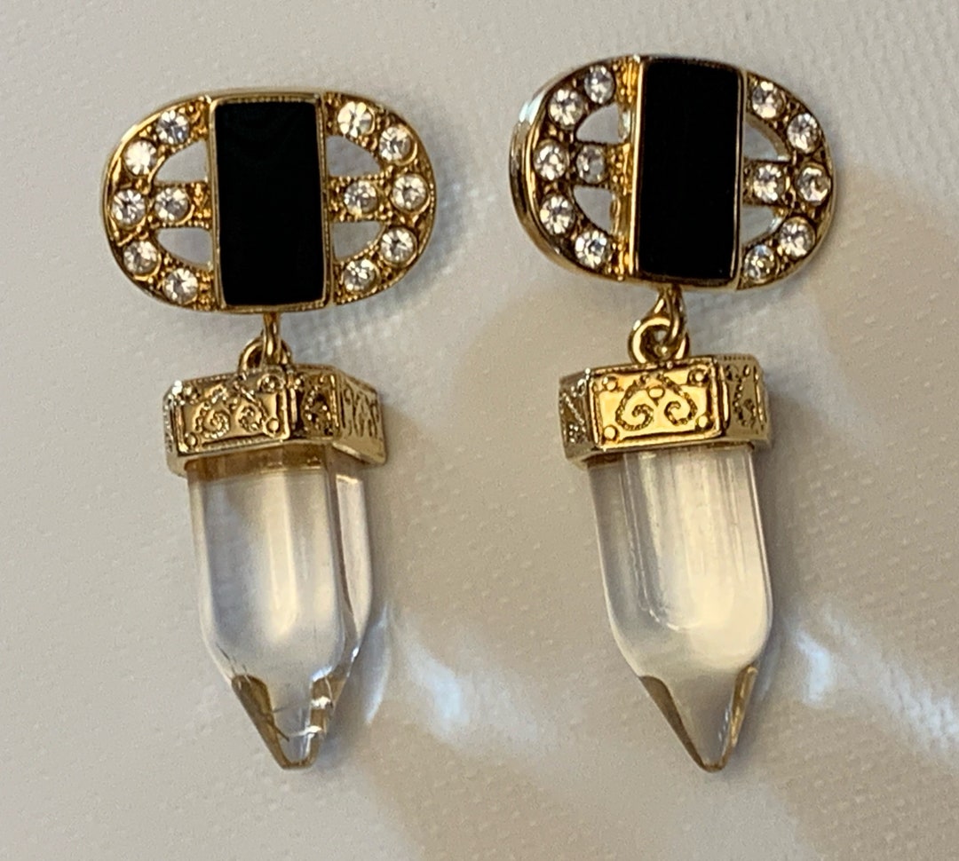 Joseph Cleary Earrings - Lucite - Black - Gold - Rhinestone - Dangle ...