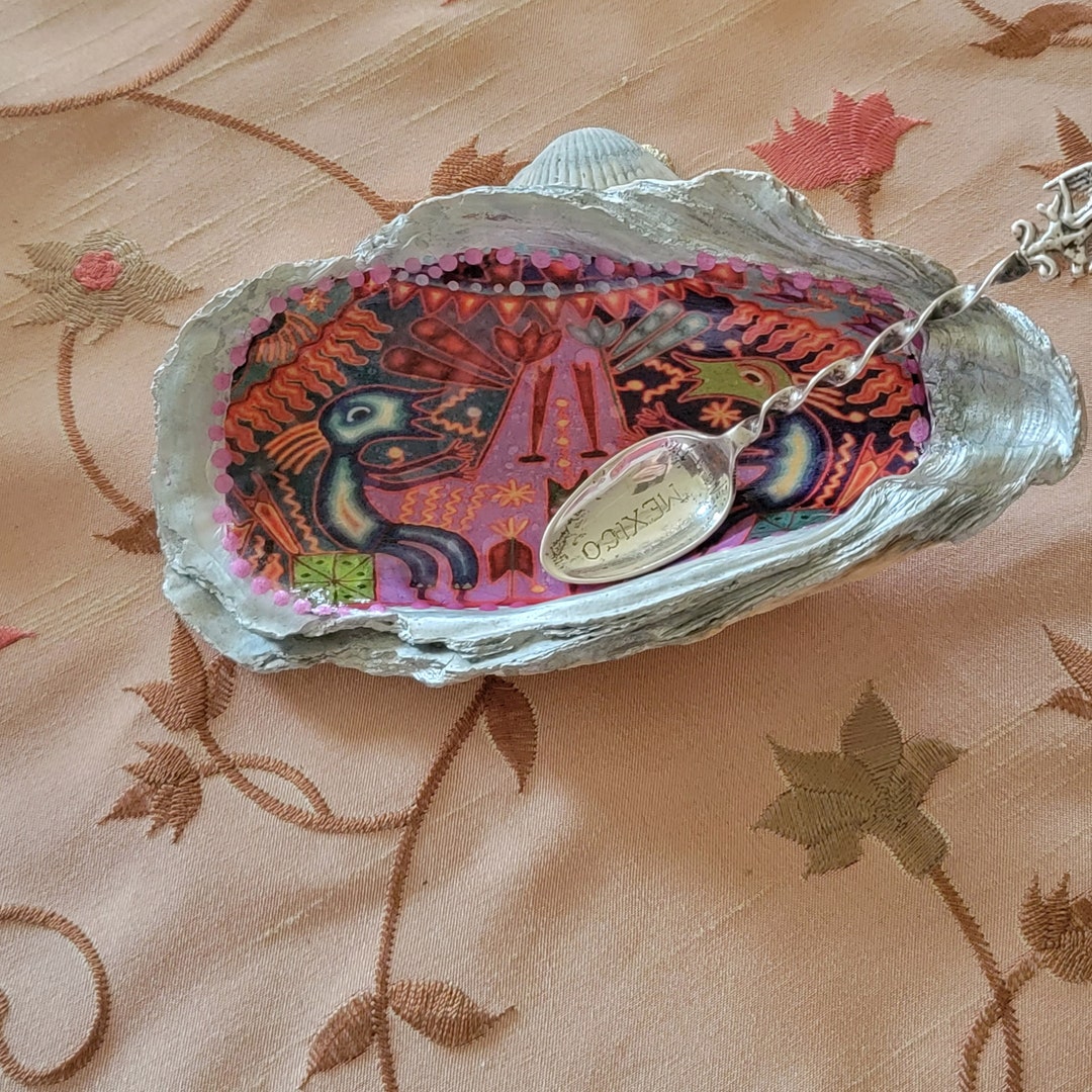 MEXICO Motif Decoupaged Oyster Shell for Table Spice Dish Including ...