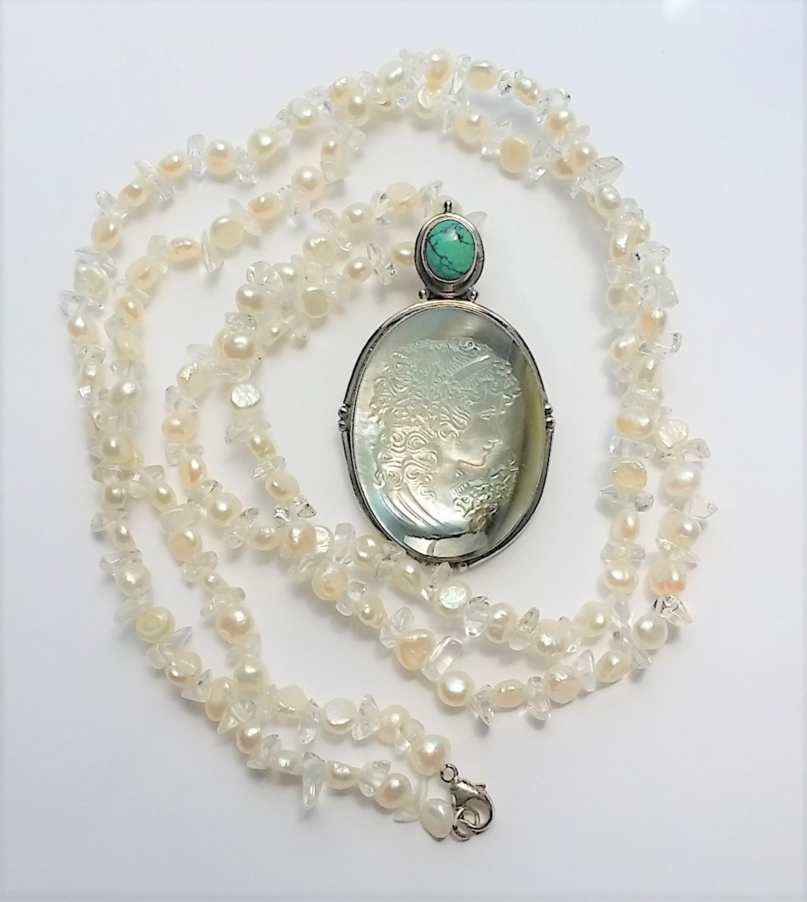 Mother of Pearl and Turquoise Cameo Pendant and Beaded Necklace - Etsy