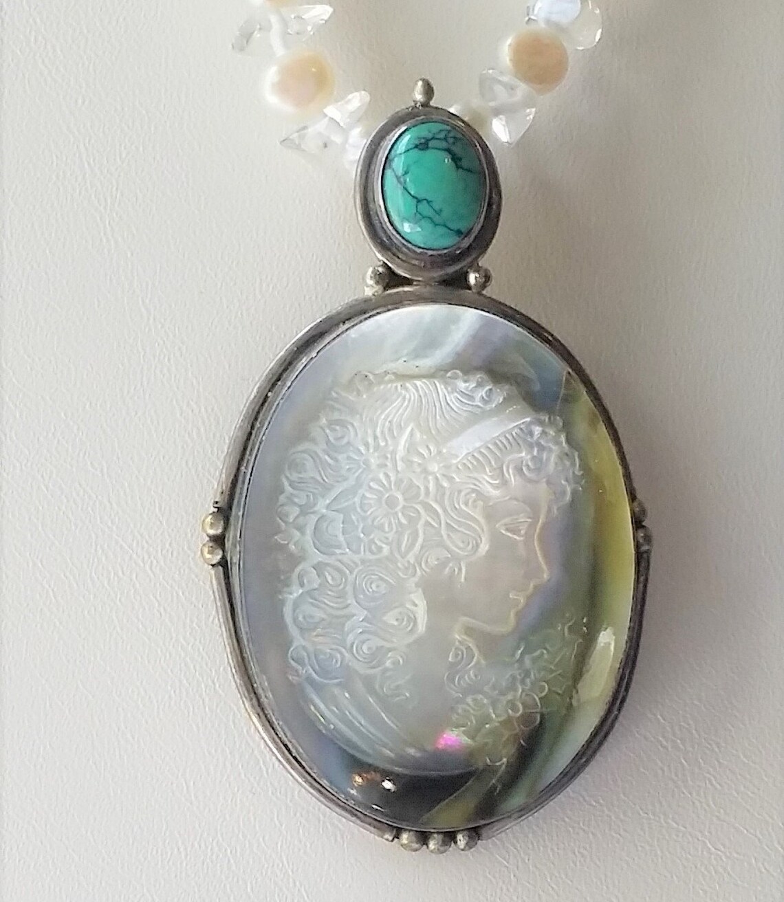 Mother of Pearl and Turquoise Cameo Pendant and Beaded Necklace - Etsy