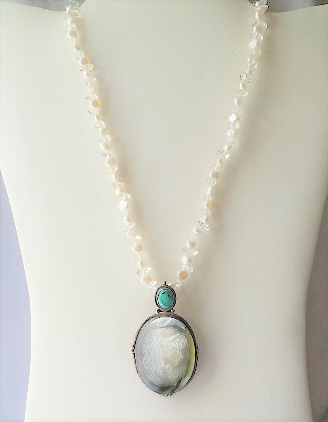 Mother of Pearl and Turquoise Cameo Pendant and Beaded Necklace - Etsy
